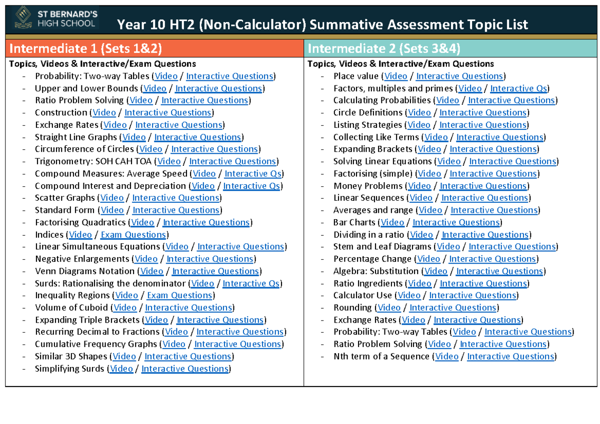 Y10 HT2 Topic List - To help revise for your exams - Year 10 HT 2 (Non ...