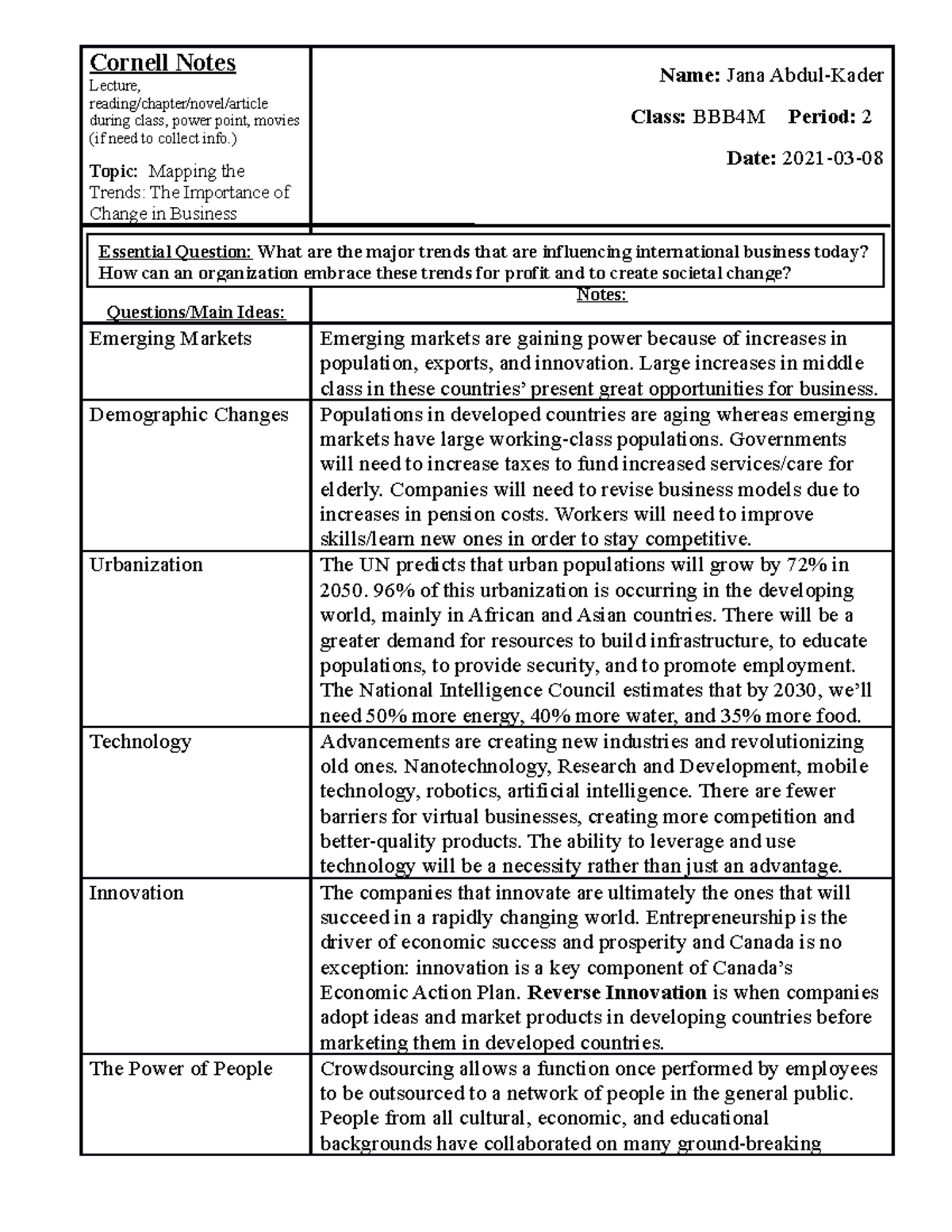 Cornell Note - Cornell Notes Lecture, reading/chapter/novel/article ...