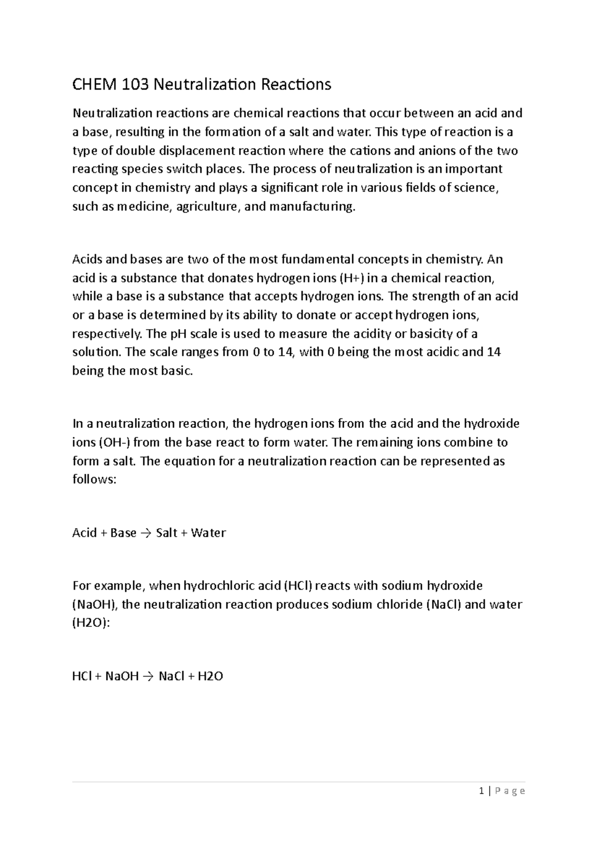 CHEM 103 Neutralization Reactions - CHEM 103 Neutralization Reactions ...