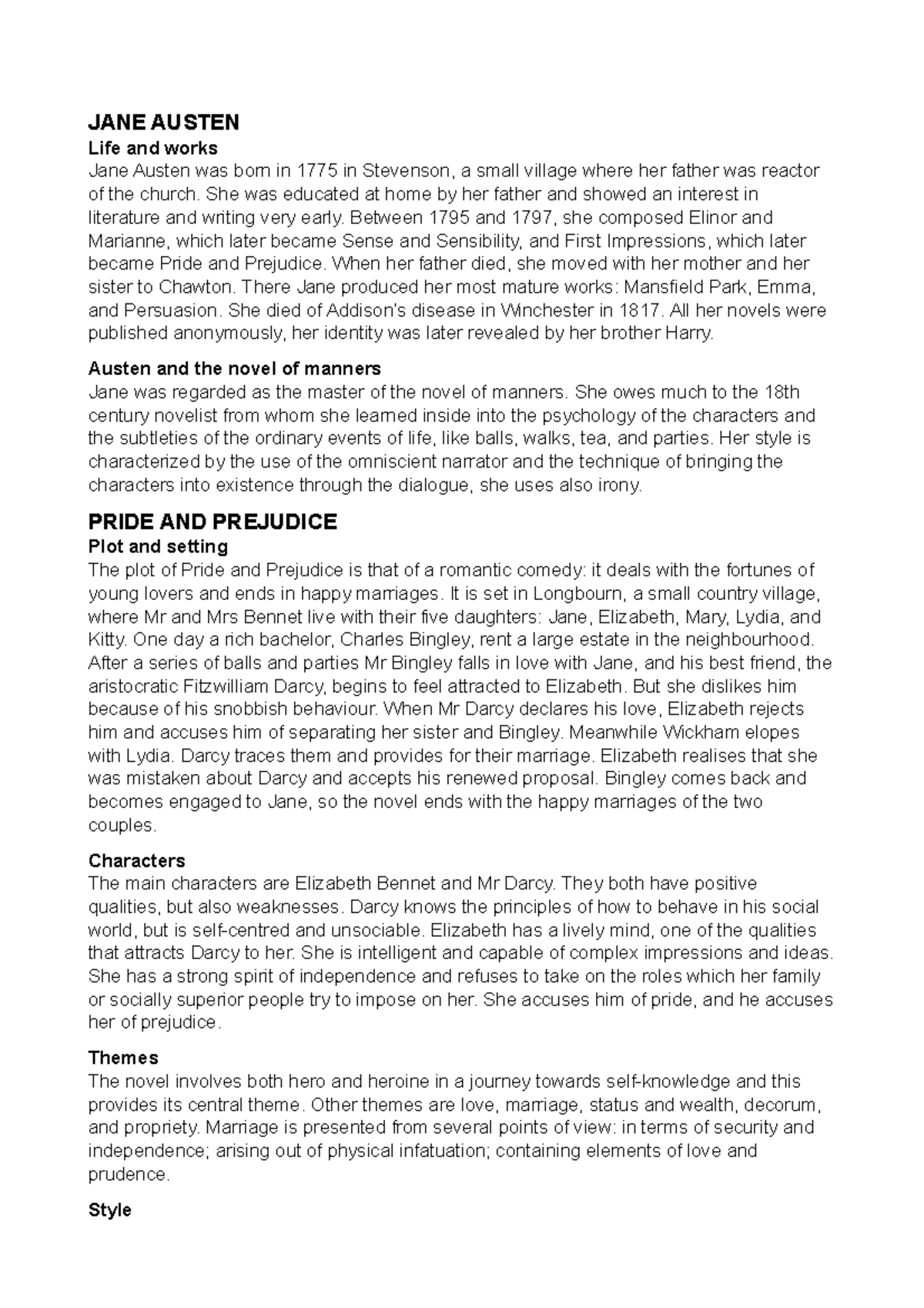 JANE Austen - JANE AUSTEN Life and works Jane Austen was born in 1775 ...