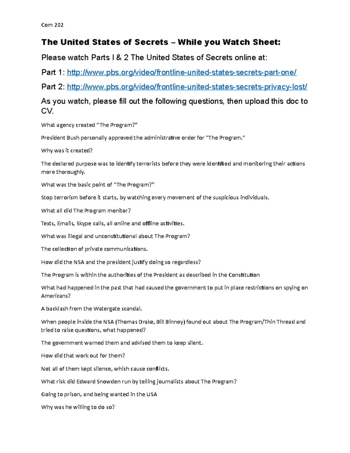 The United States of Secrets – While you Watch Sheet - What agency ...