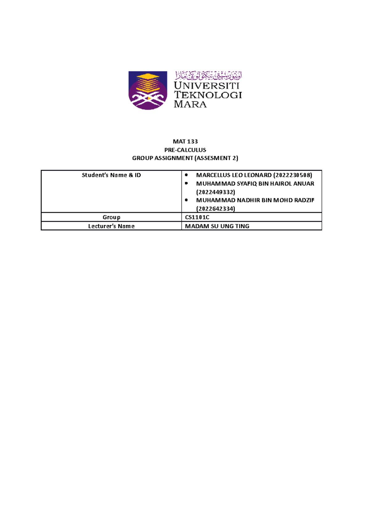 MAT 133 Maple Group Assignment - MAT 133 PRE-CALCULUS GROUP ASSIGNMENT ...