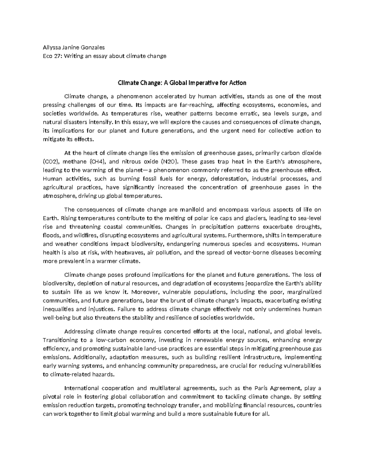 A Global Imperative for Action Essay about Climate Change - Allyssa ...