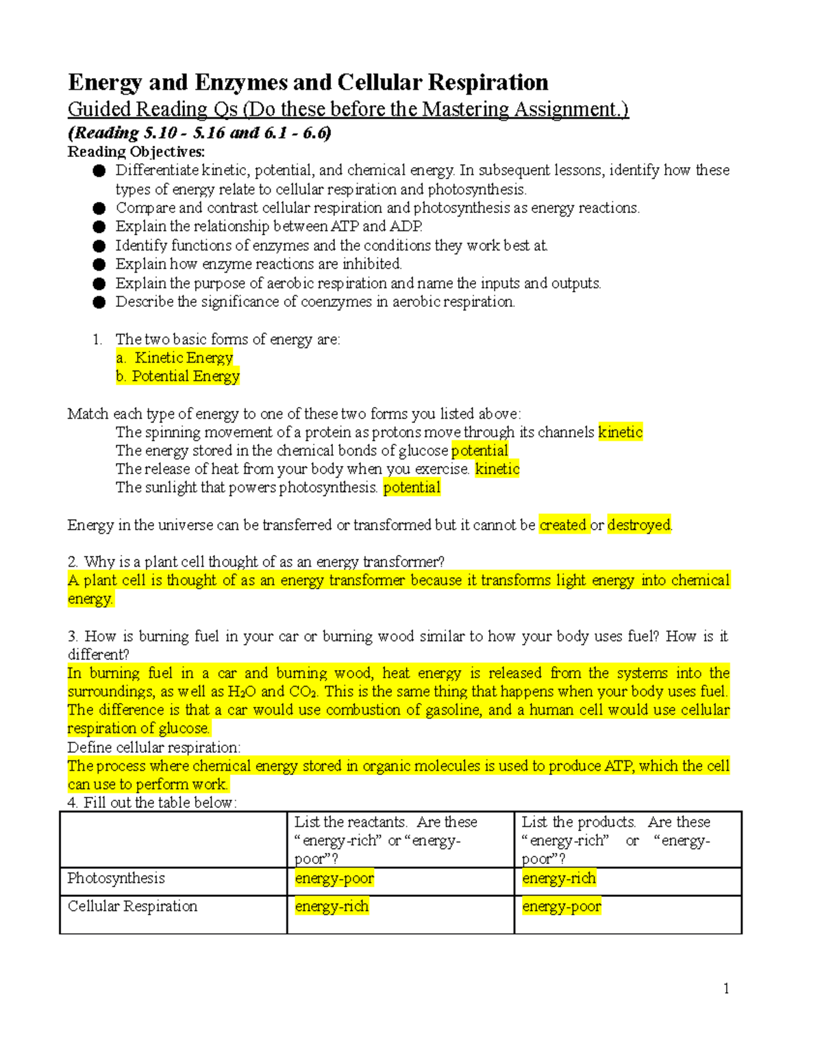 GRQ 6 - Energy, Enzymes, and Cellular Respiration Guided Reading ...