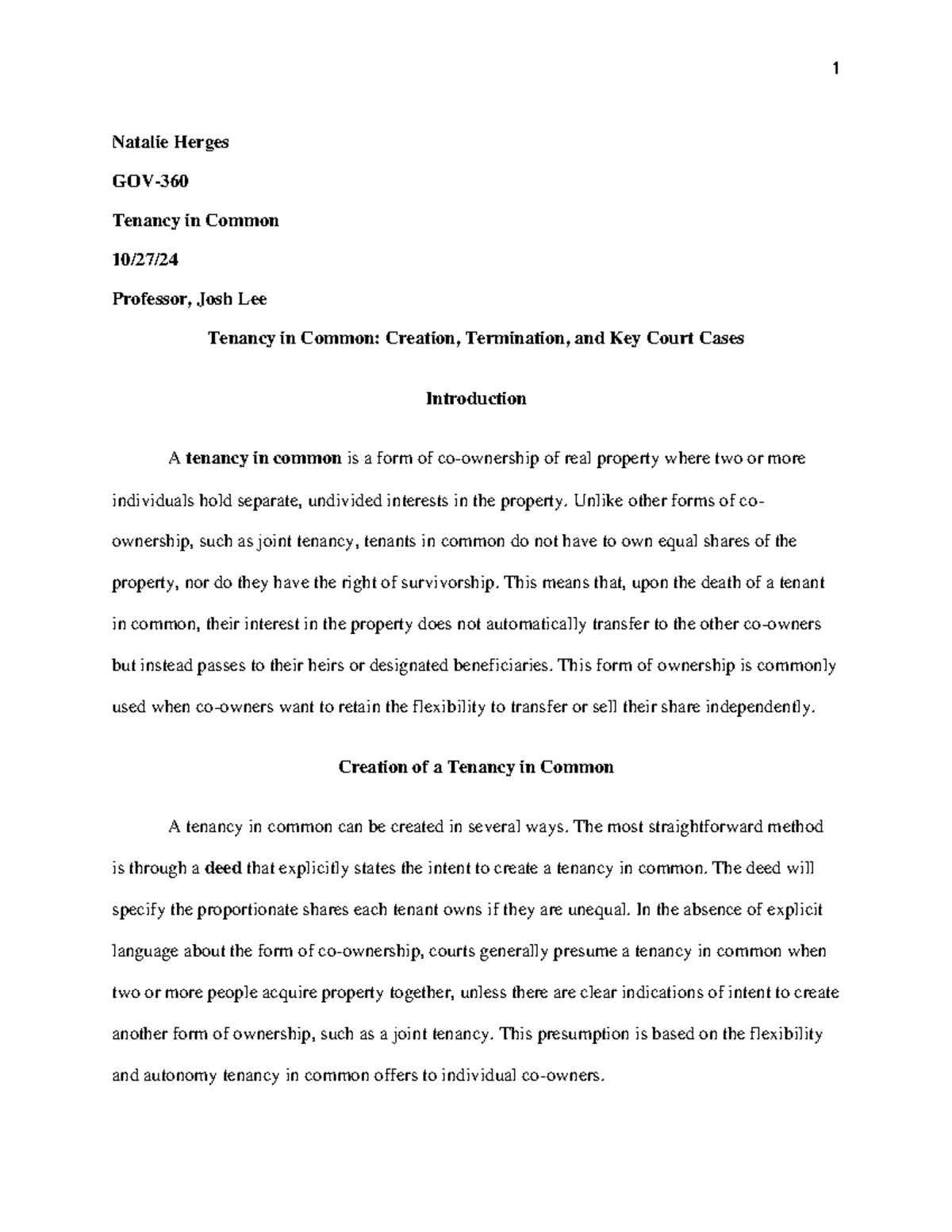 Tenancy in common - assignment - Natalie Herges GOV- 360 Tenancy in ...