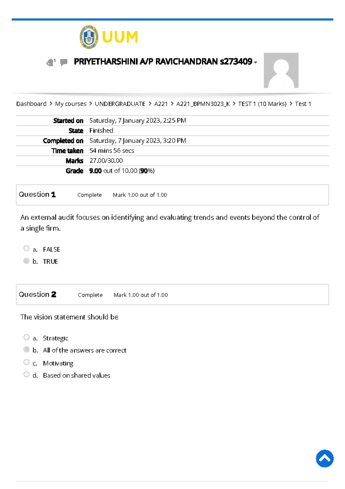 SM TEST 1 - Test on strategic management - Started on Saturday, 7 ...