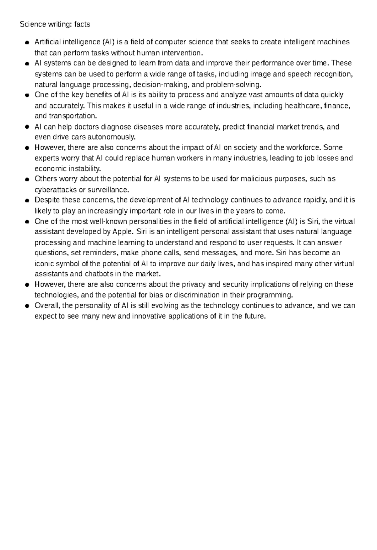 Science writing facts - materials - Science writing: facts Artificial intelligence (AI) is a ...