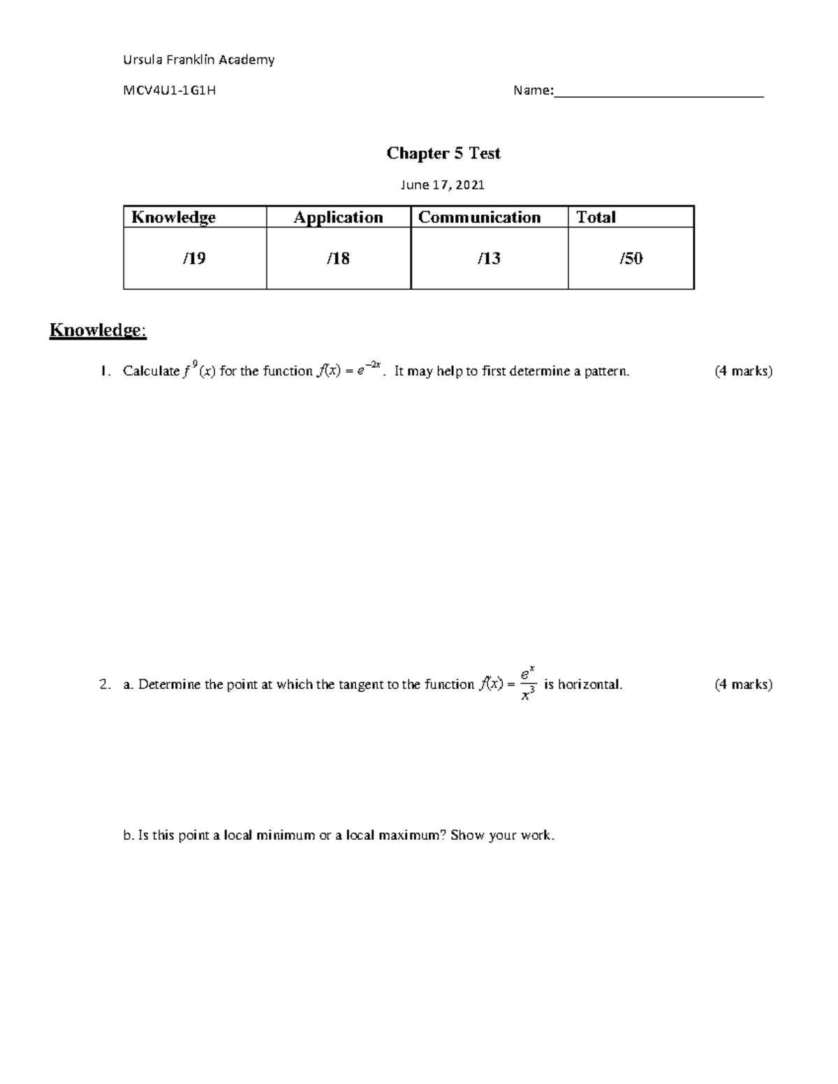 Chapter 5 Test 1G1H - Ursula Franklin Academy MCV4U1-1G1H Name