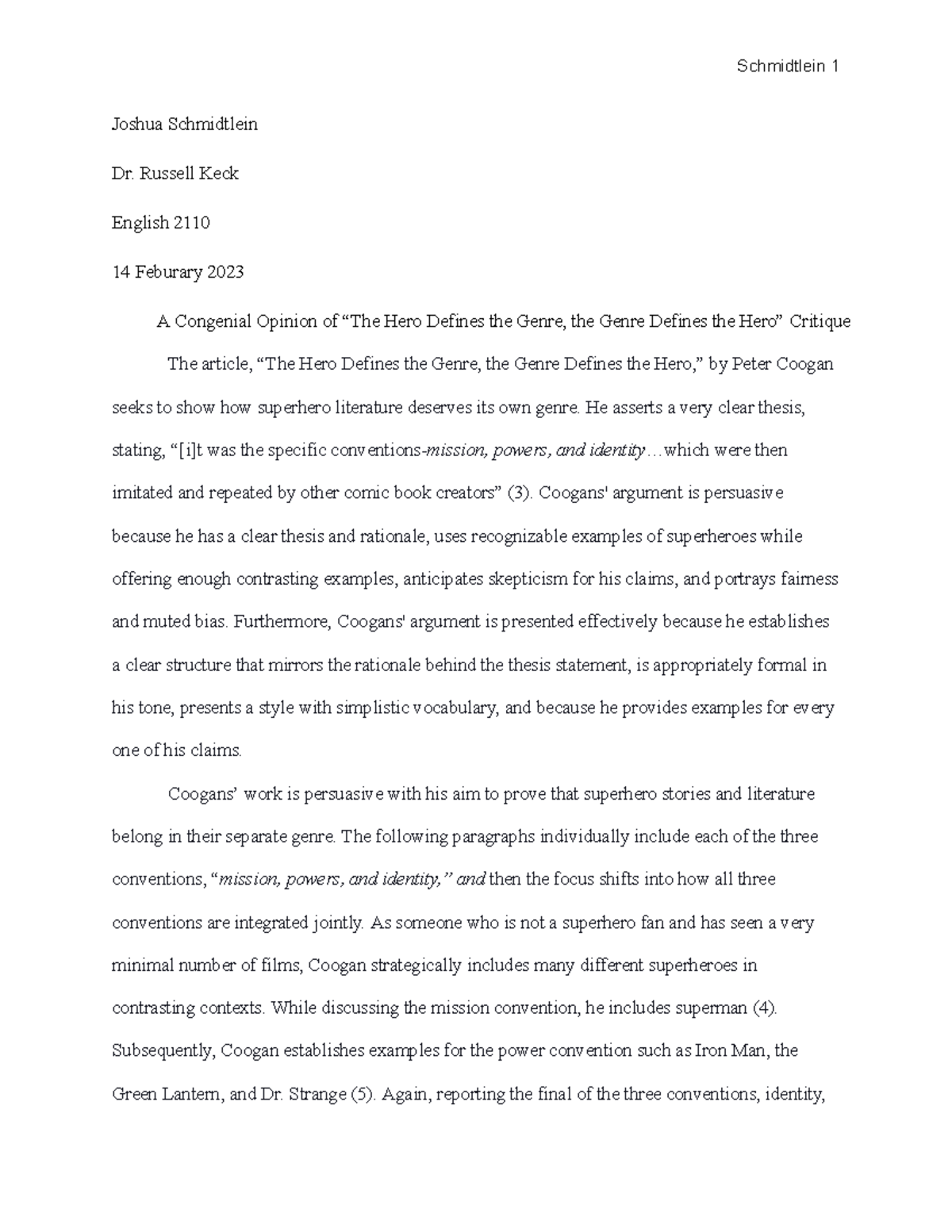 Critique Essay Final Draft - Joshua Schmidtlein Dr. Russell Keck ...
