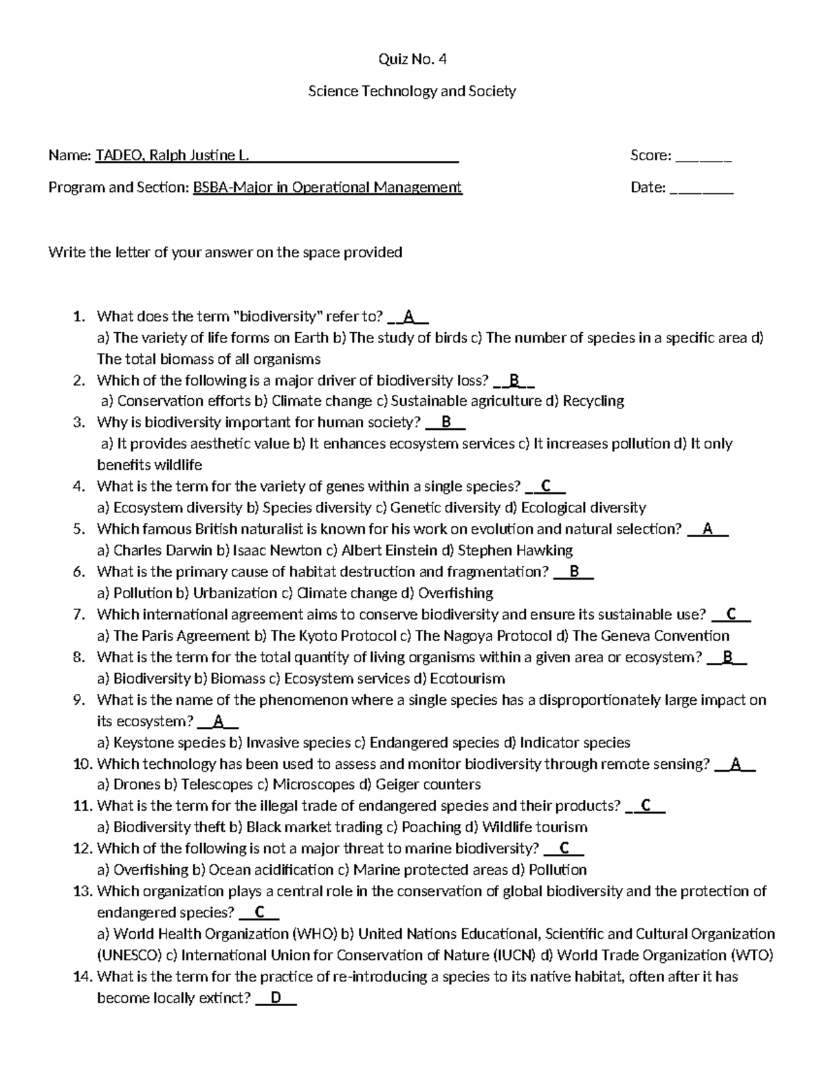 STS-Quiz No 4 - activities given in this specific class - Quiz No. 4 ...