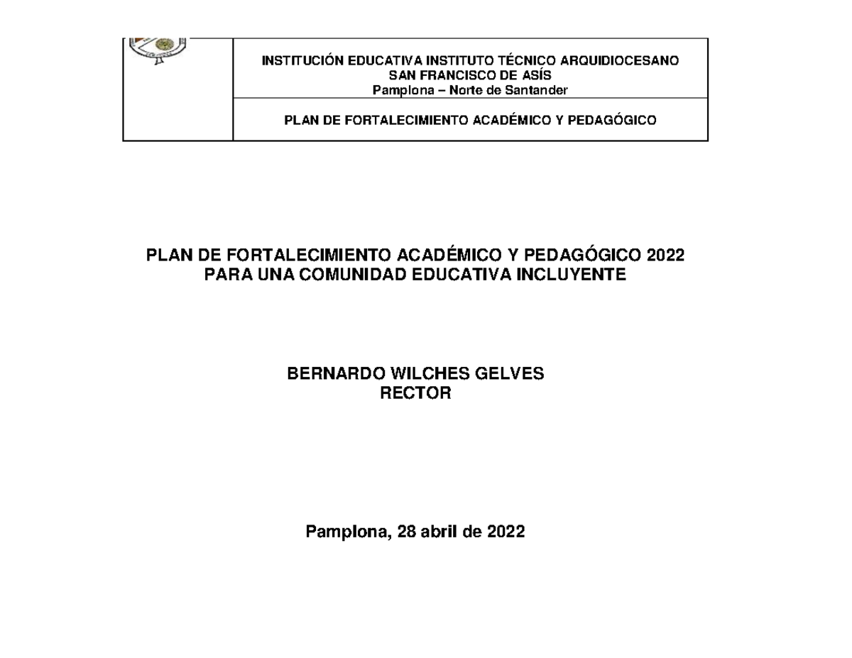 Plan Fortalecimiento Académico 2022 n - SAN FRANCISCO DE ASÍS Pamplona ...