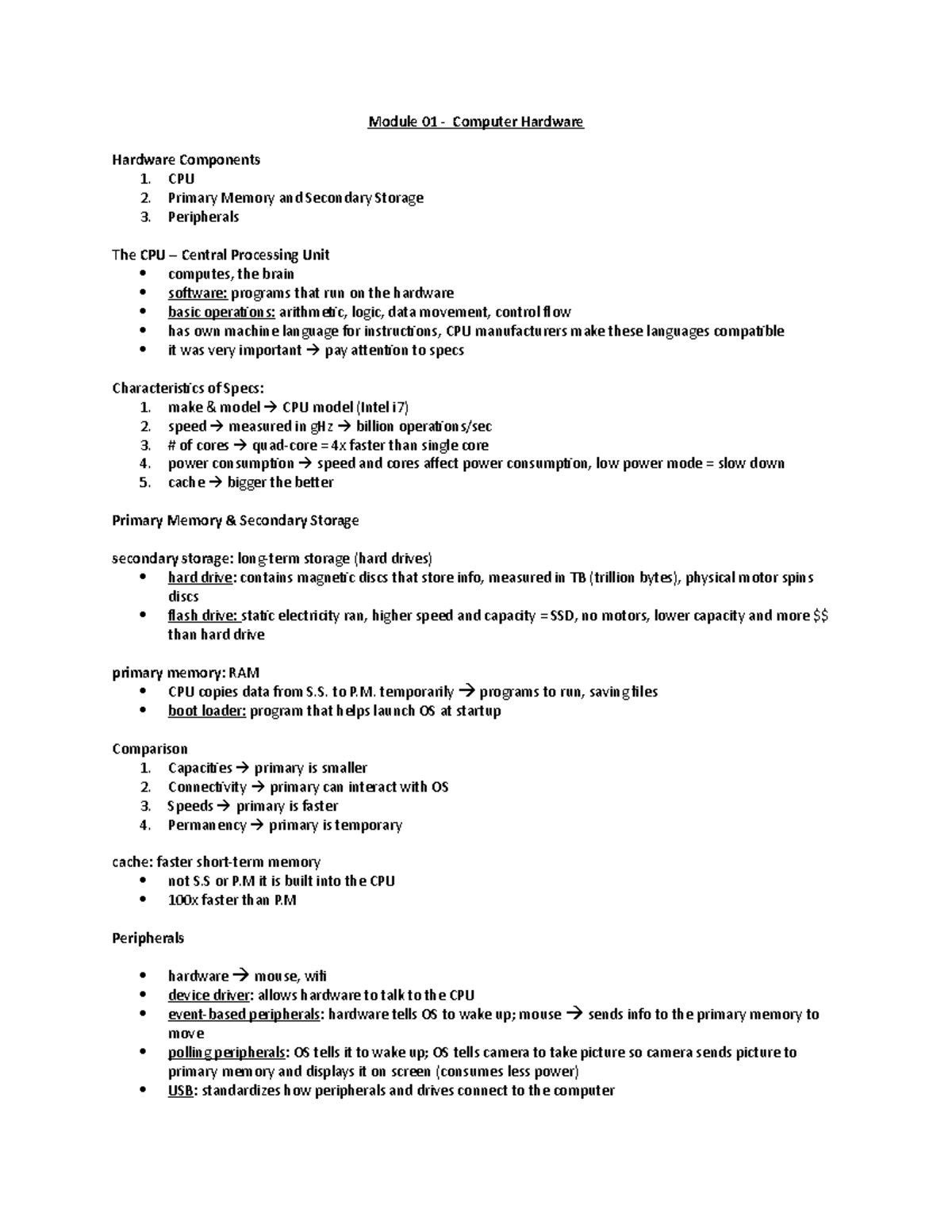 CS 100 - Exam Review - Summary Intro Computing through Appl - Module 01 Computer Hardware ...