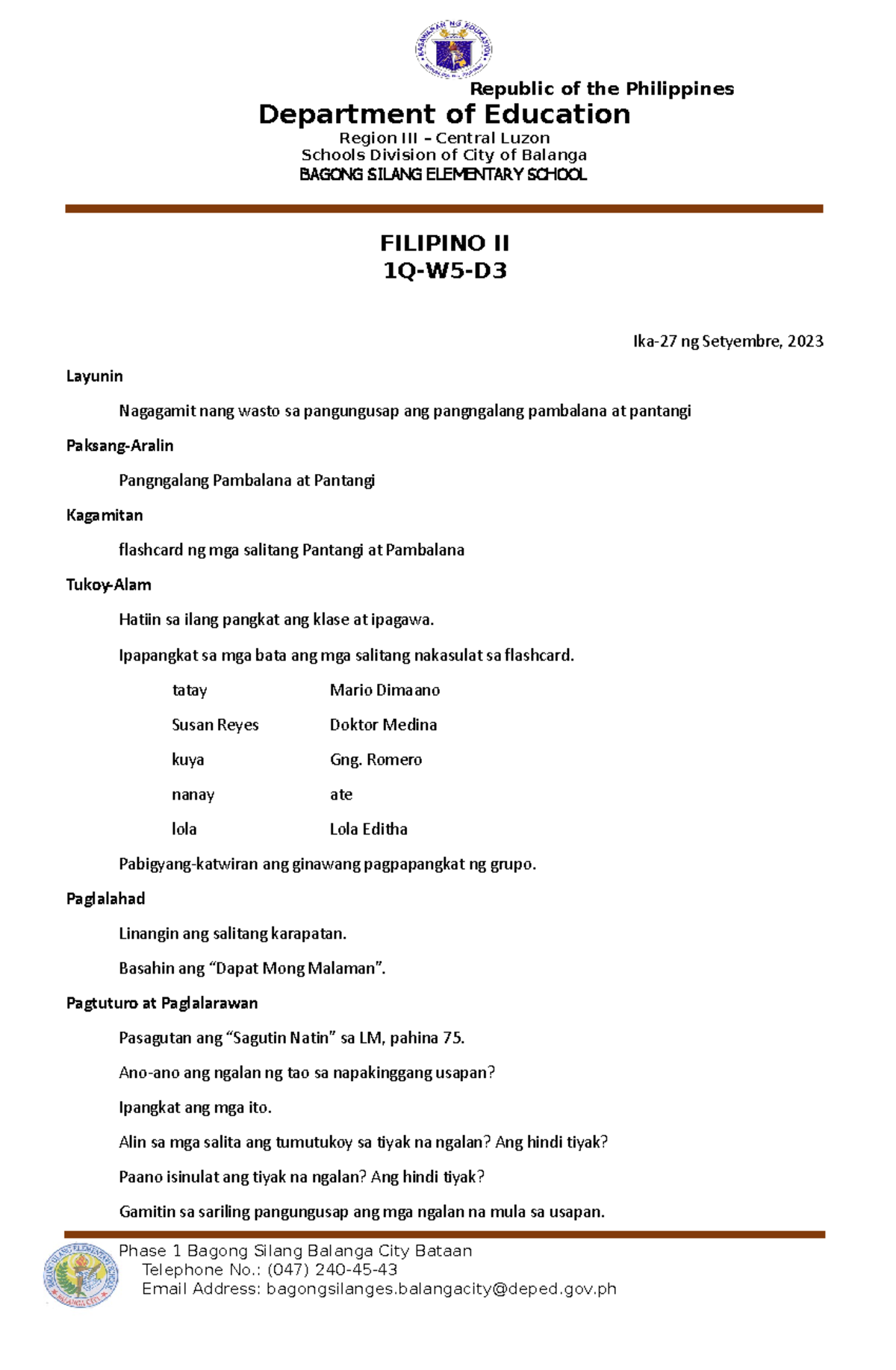 Dll For 1st Cot None Republic Of The Philippines Department Of Education Region Iii