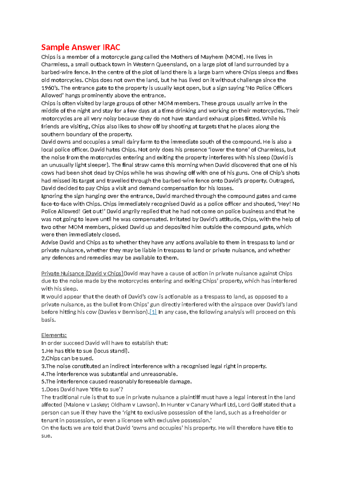 FPL EXAM Notes - Summary responses - Sample Answer IRAC Chips is a ...