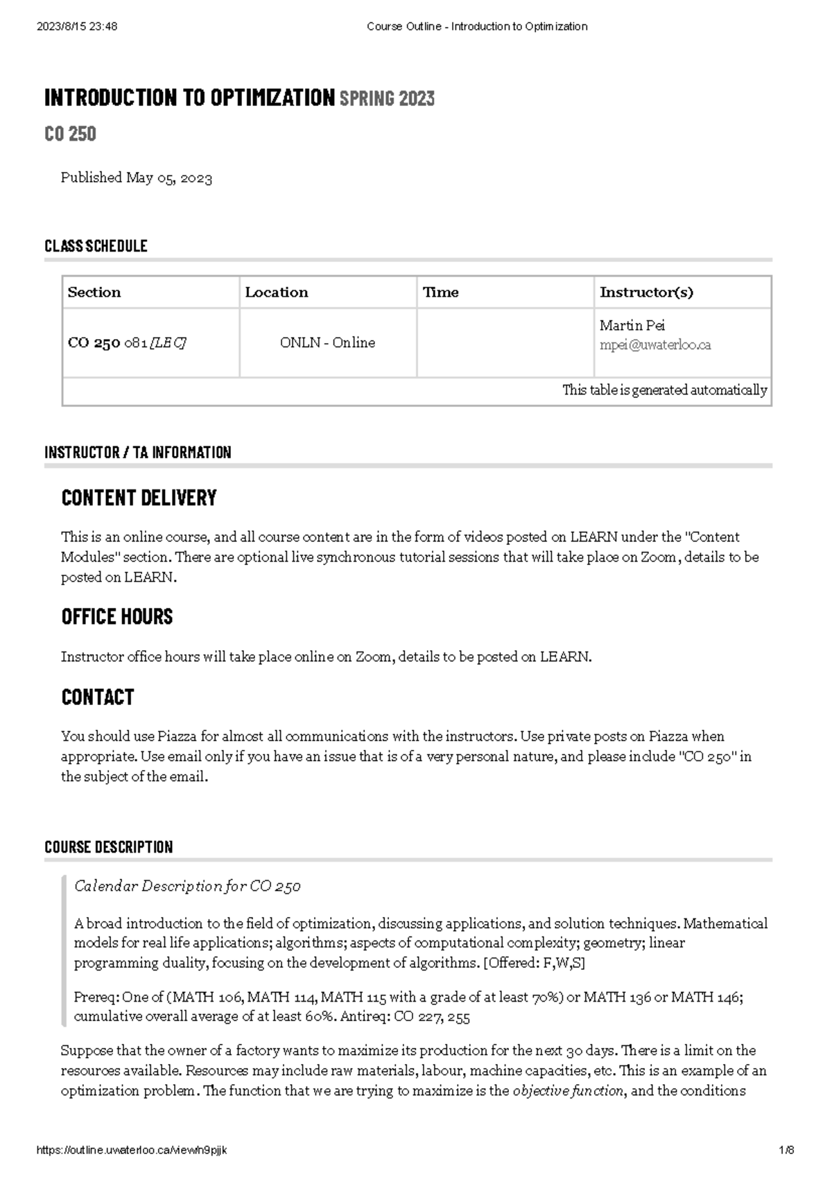Course Outline - Introduction to Optimization - INTRODUCTION TO ...