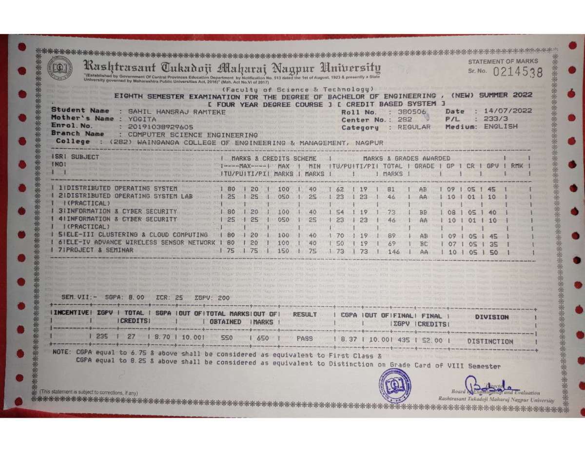 Eight - I need this for my exam preparation - STATEMENT OF MARKS ...