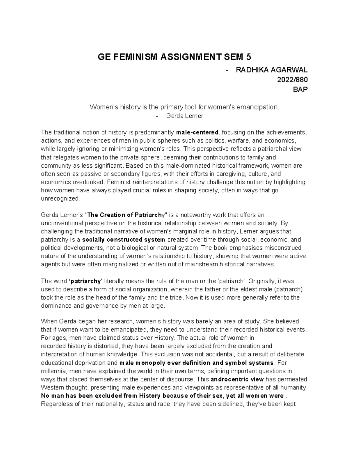 GE Feminism Assignment SEM 5 - GE FEMINISM ASSIGNMENT SEM 5 - RADHIKA ...