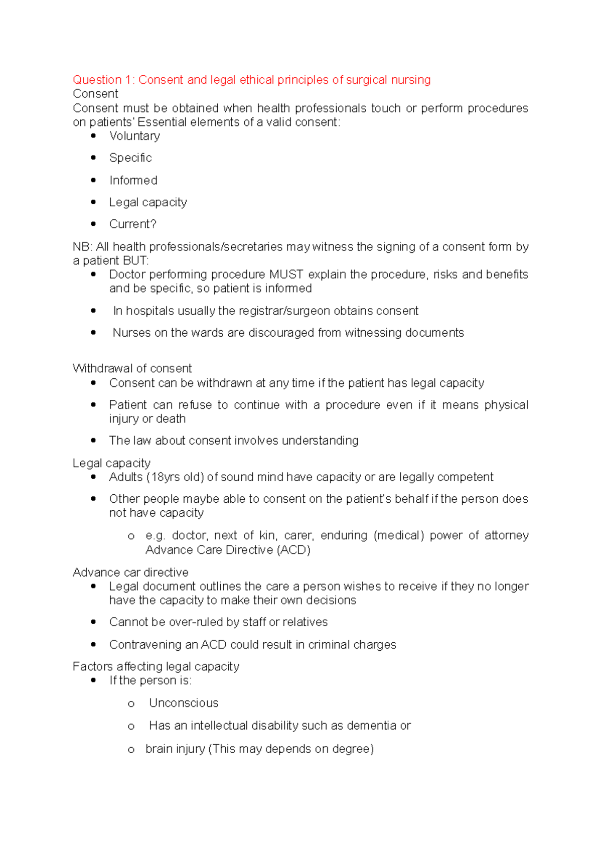 NRSG258 EXAM Notes - Question 1: Consent and legal ethical principles ...
