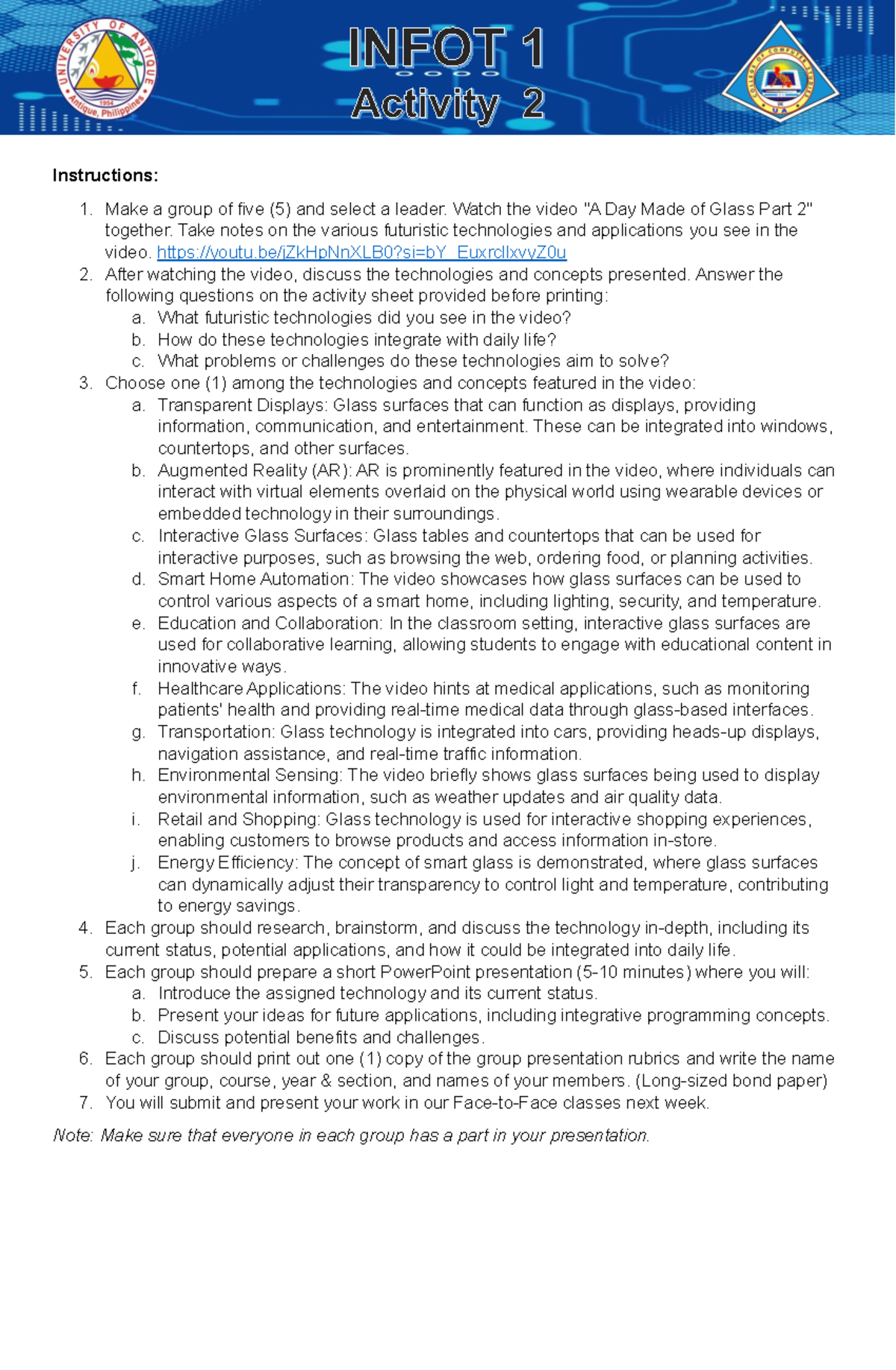 INFOT 1 Activity 2 - Presentation - Instructions: 1. Make a group of ...