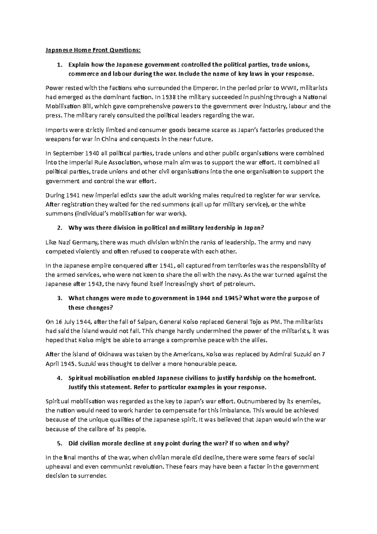 War in the Pacific - Japanese Home Front Qs - Japanese Home Front ...