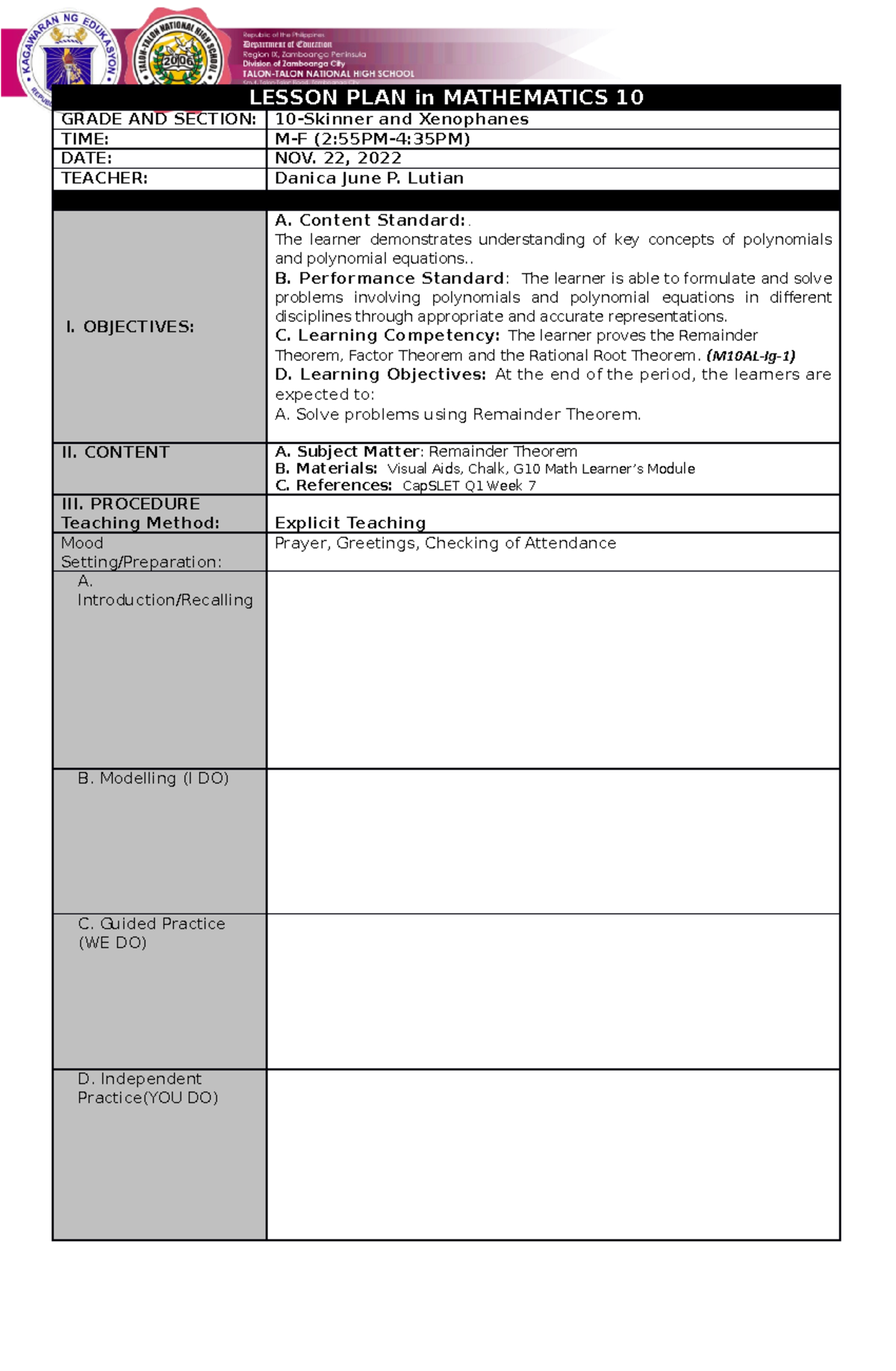 DLP-November 22,2022- math 10 - LESSON PLAN in MATHEMATICS 10 GRADE AND ...