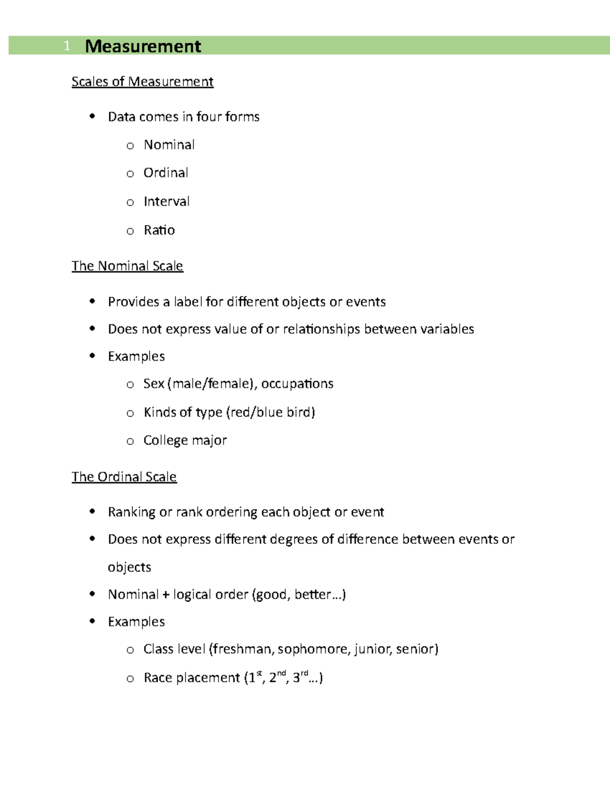 Measurement - Class notes - Scales of Measurement Data comes in four ...
