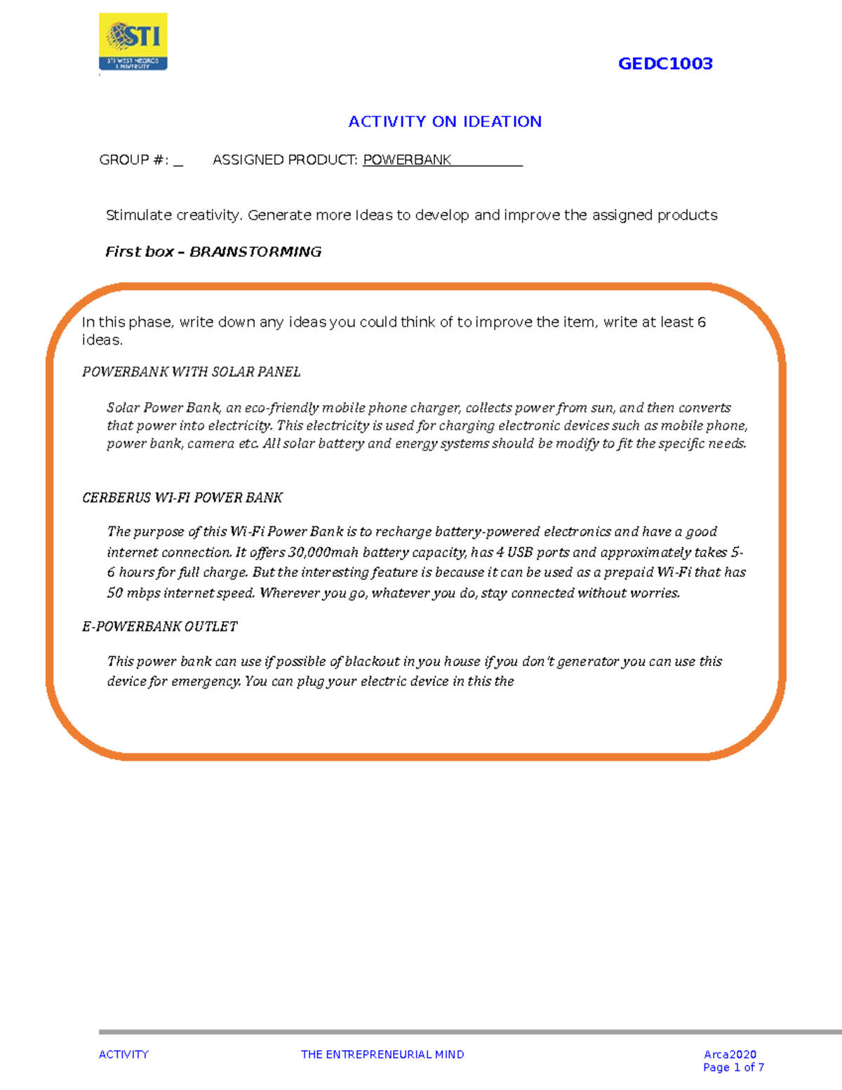 Activity ON Ideation - ACTIVITY ON IDEATION GROUP #: ASSIGNED PRODUCT ...