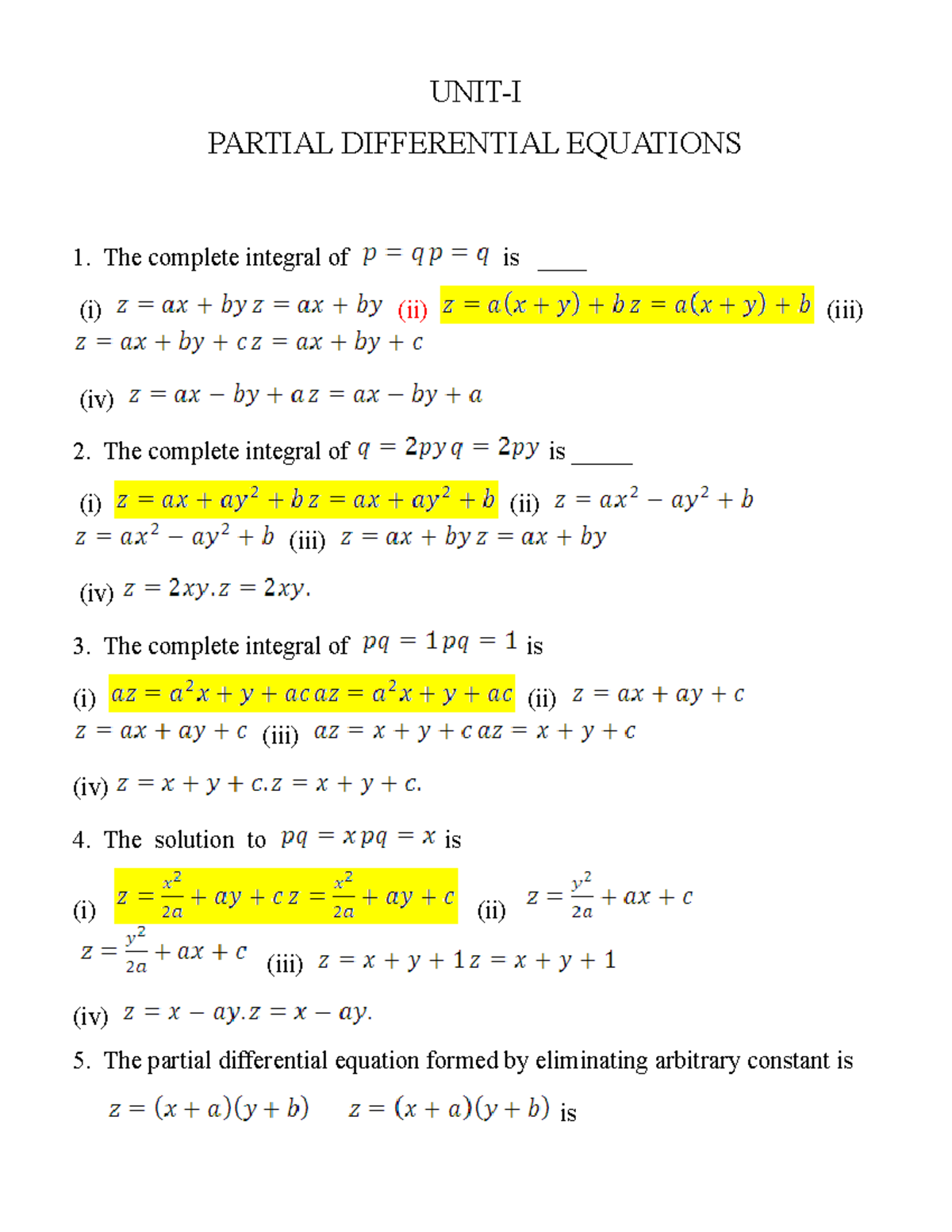 Unit1- Partial Differential Equations.doc - UNIT-I PARTIAL DIFFERENTIAL ...