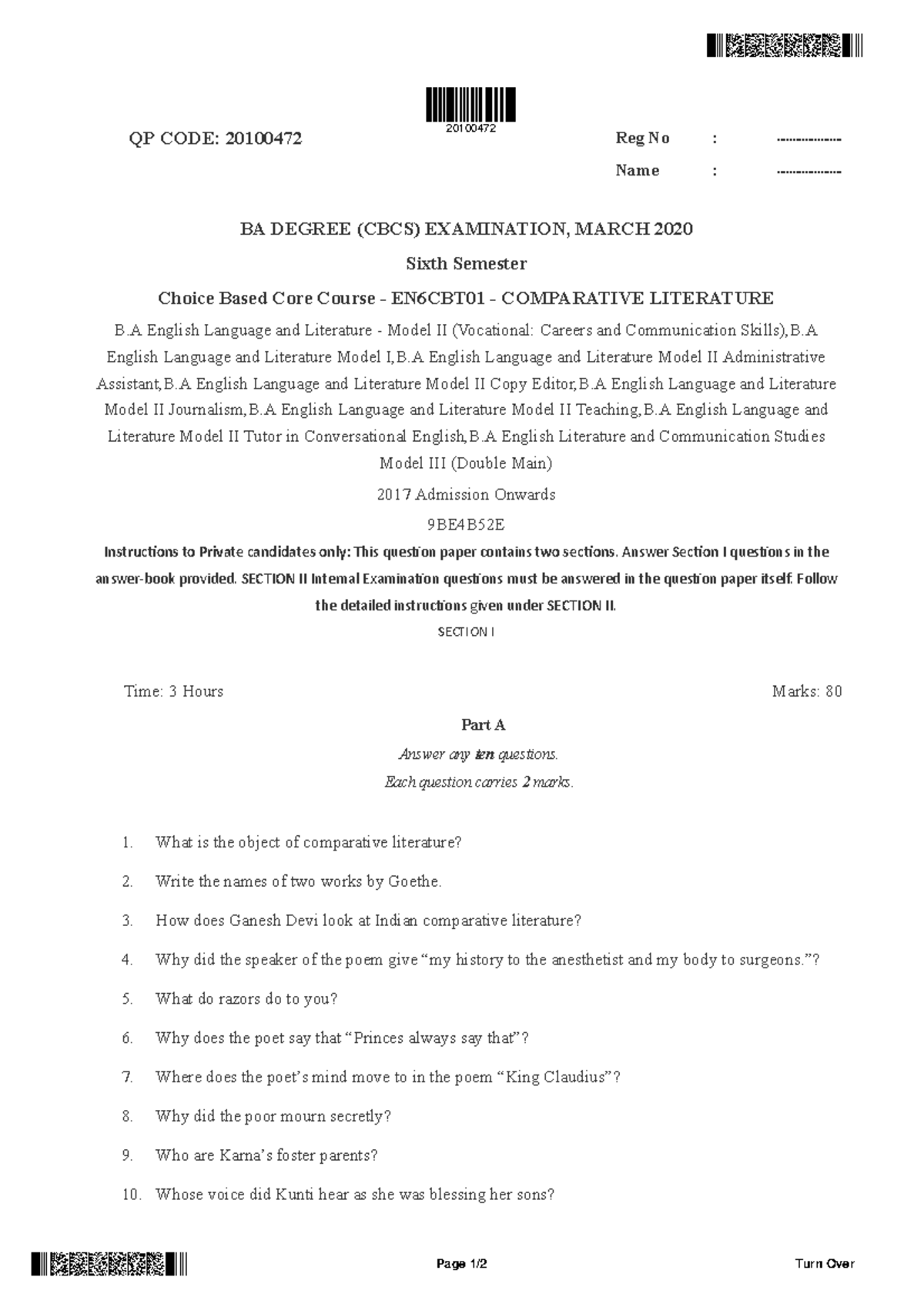 Comparative literature - QP CODE: 20100472 Reg No : ..................... Name : - Studocu