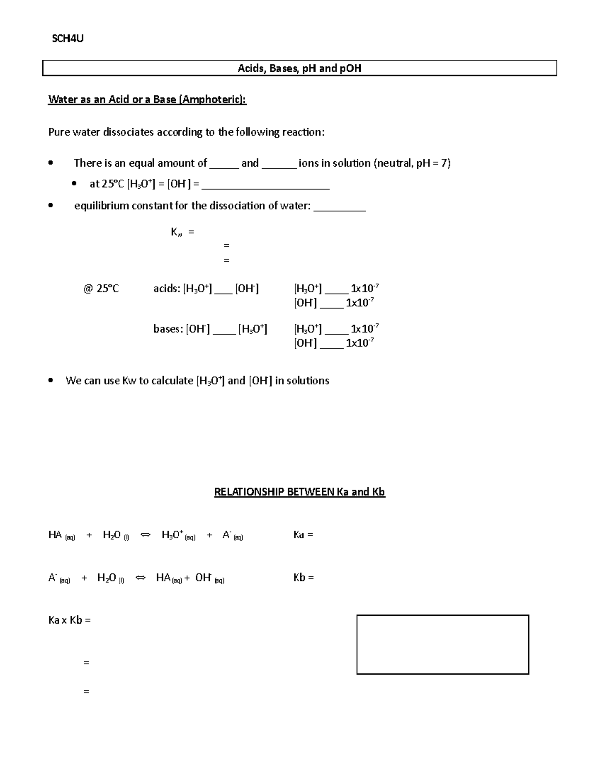 8 - strong/weak acids and bases - SCH4U Acids, Bases, pH and pOH Water ...