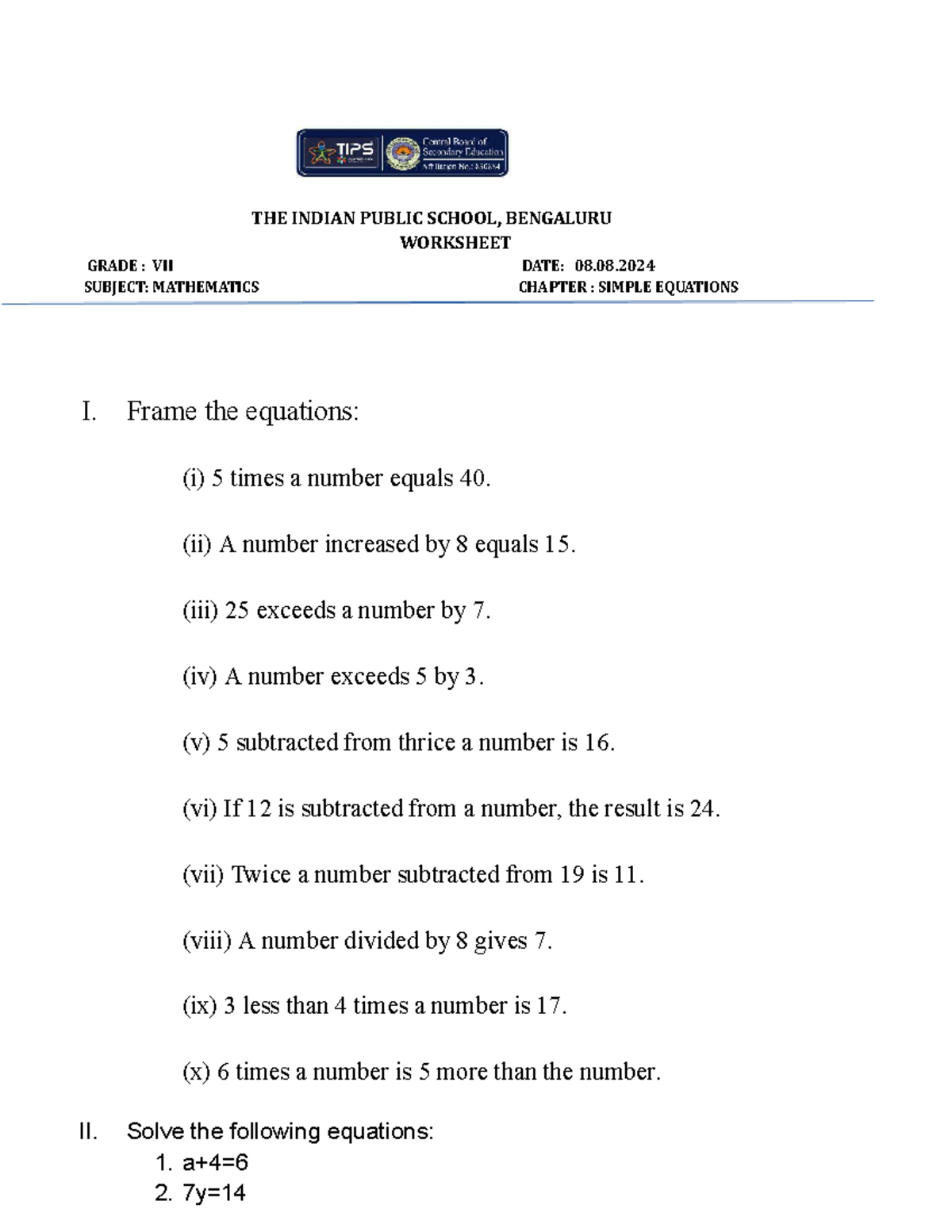 L-4 Simple equations.docx - THE INDIAN PUBLIC SCHOOL, BENGALURU ...