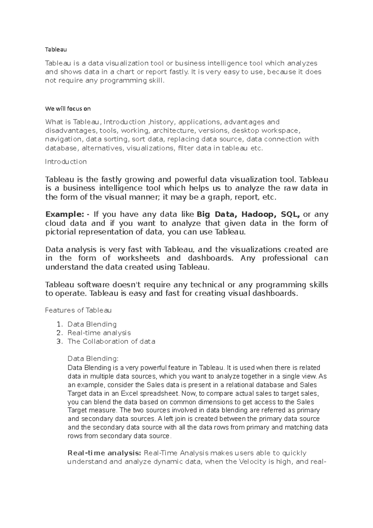 Tableau Document listing all the tableau notes - Tableau Tableau is a ...