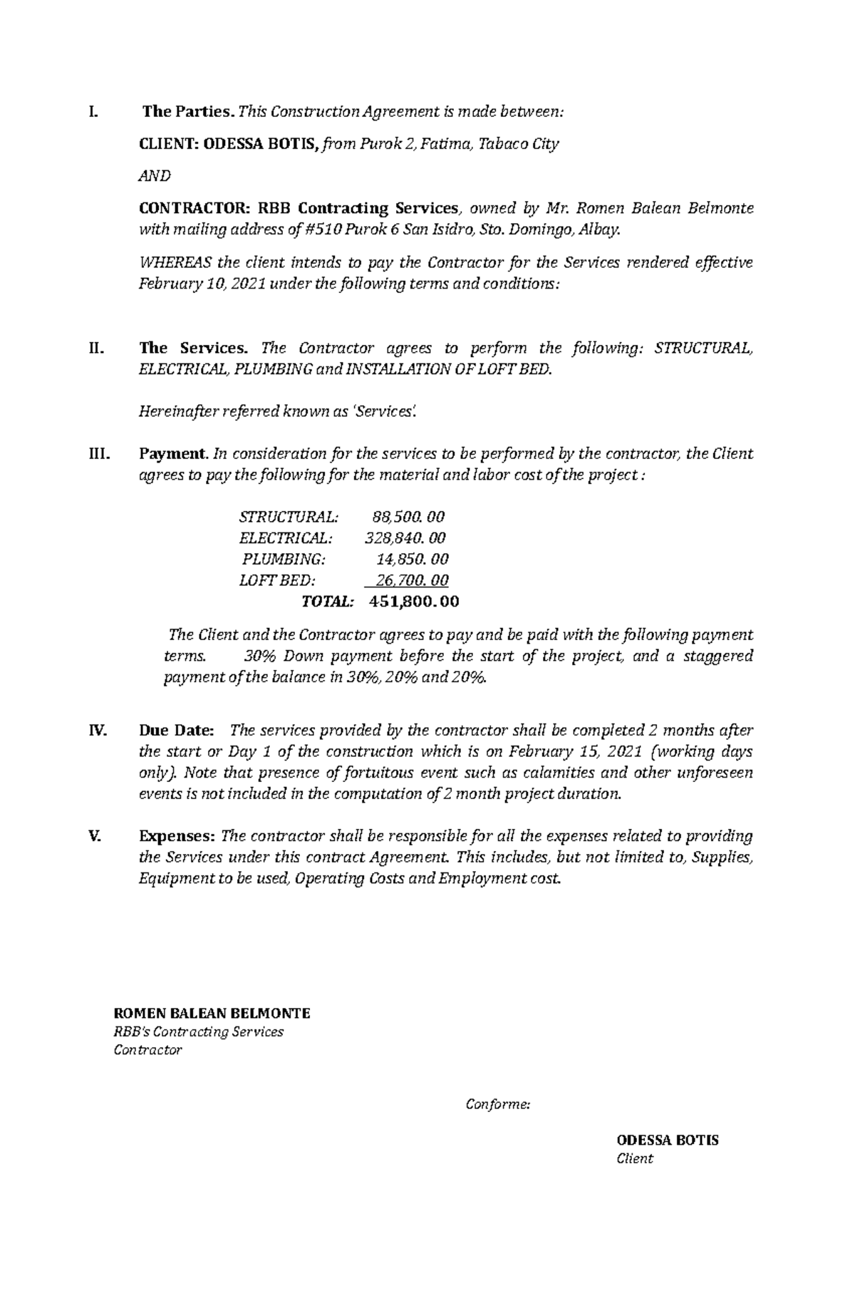 Final Contract RBB - I. The Parties. This Construction Agreement is ...