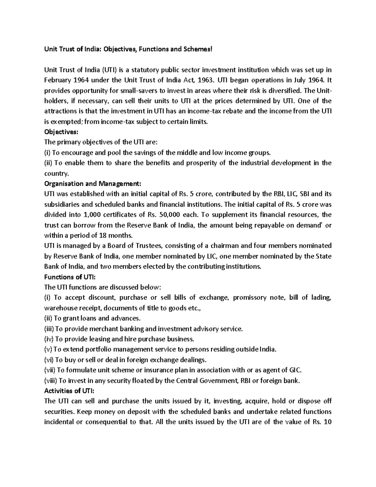 Unit Trust of India - UTI - Unit Trust of India: Objectives, Functions ...