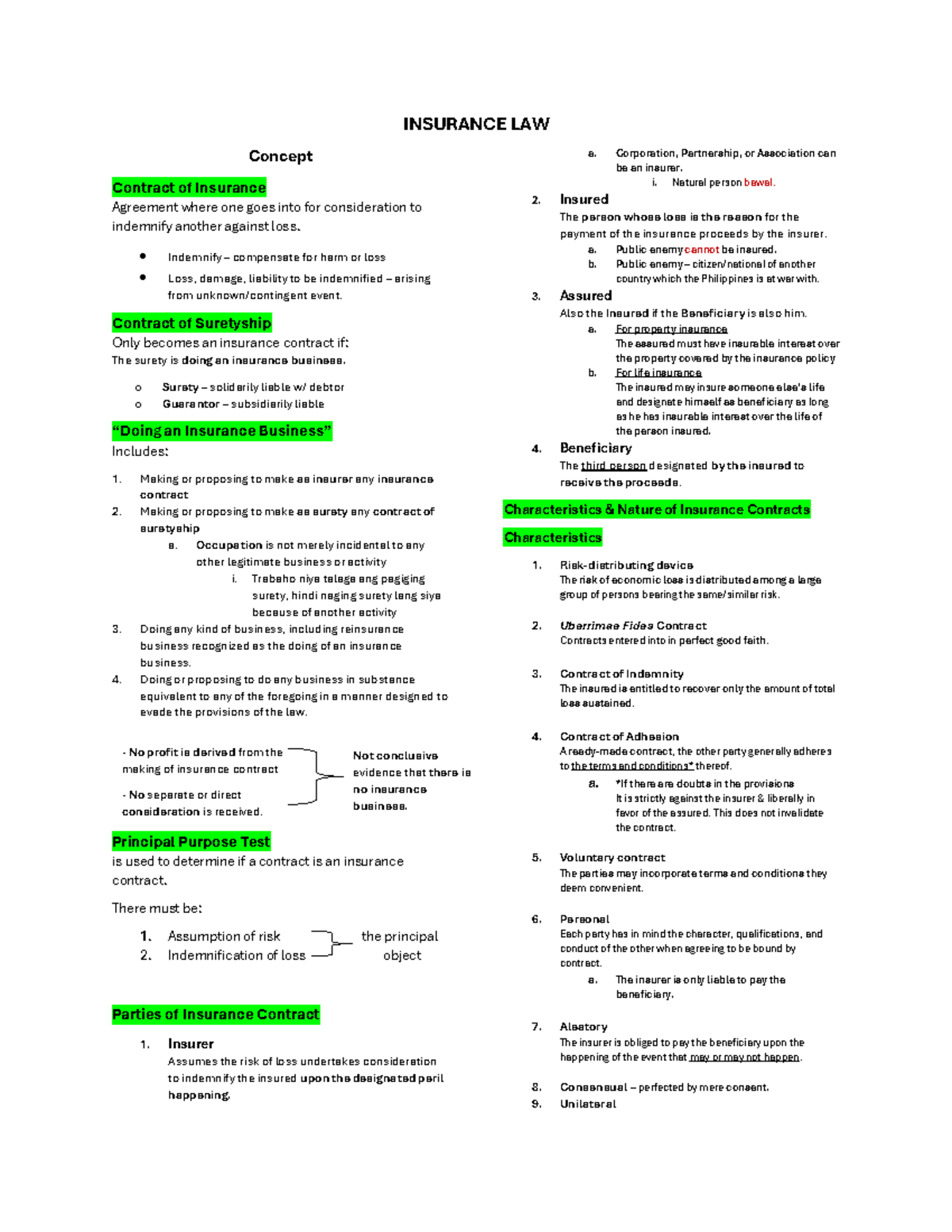 Insurance Law Handout - INSURANCE LAW Concept Contract of Insurance ...