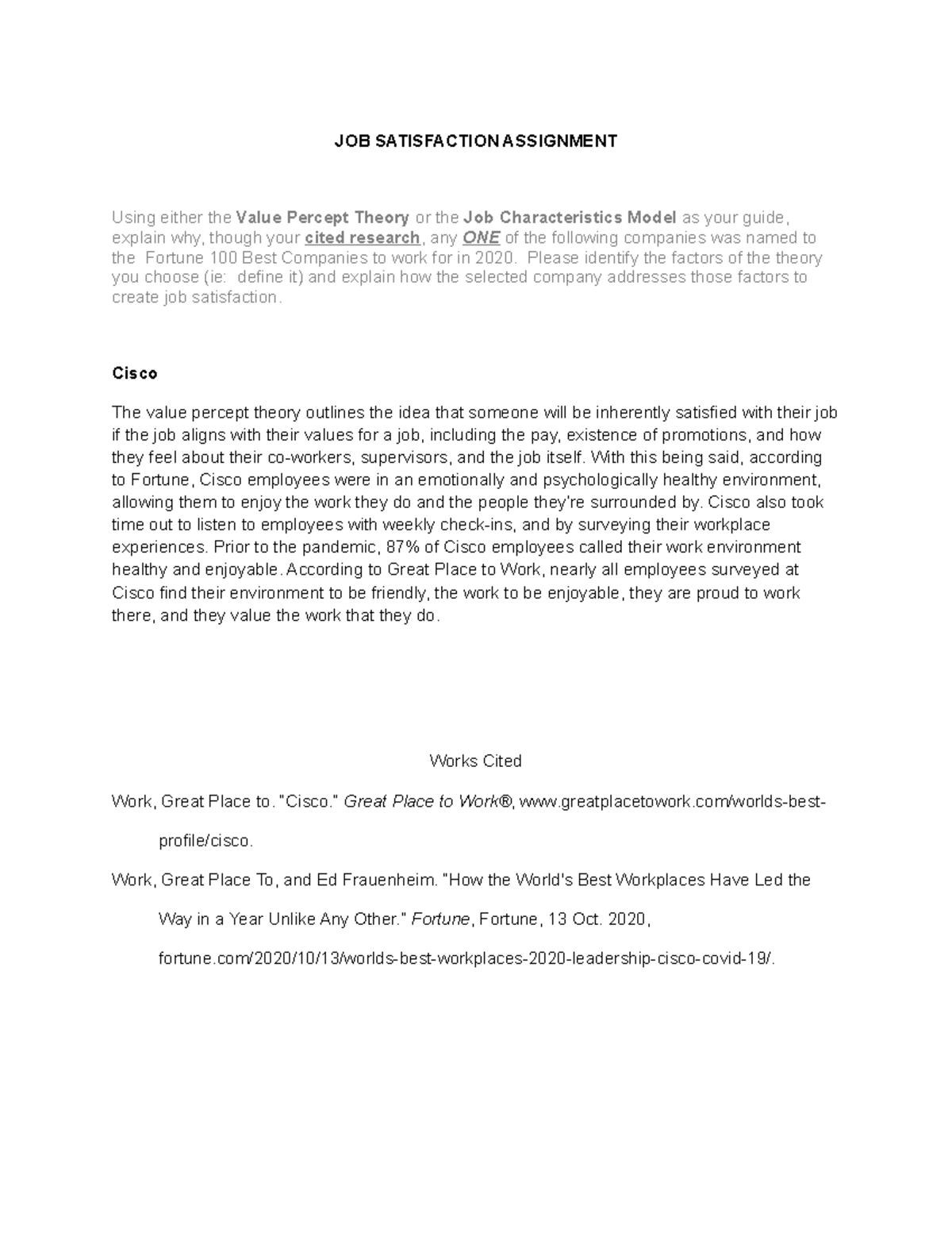 ORGB300JOB Satisfaction Assignment Using either the Value Percept ...