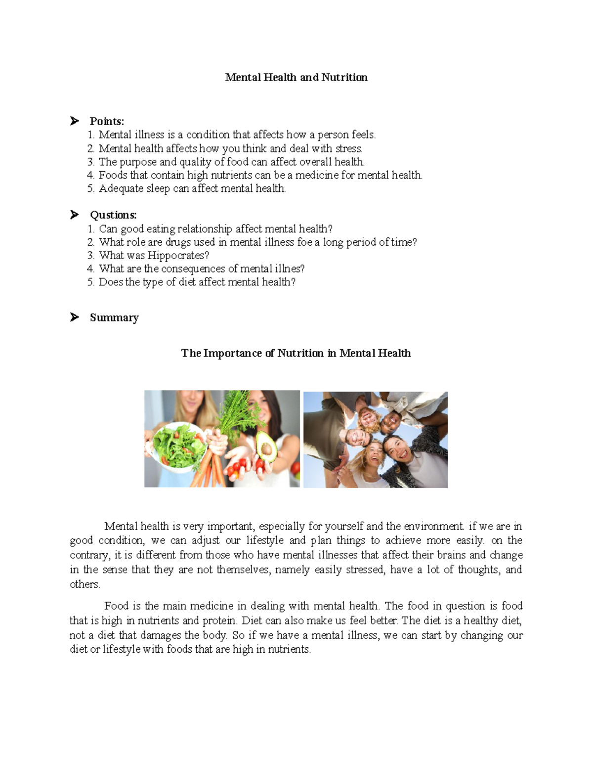 Mental health and nutrition - Mental Health and Nutrition Points: 1 ...