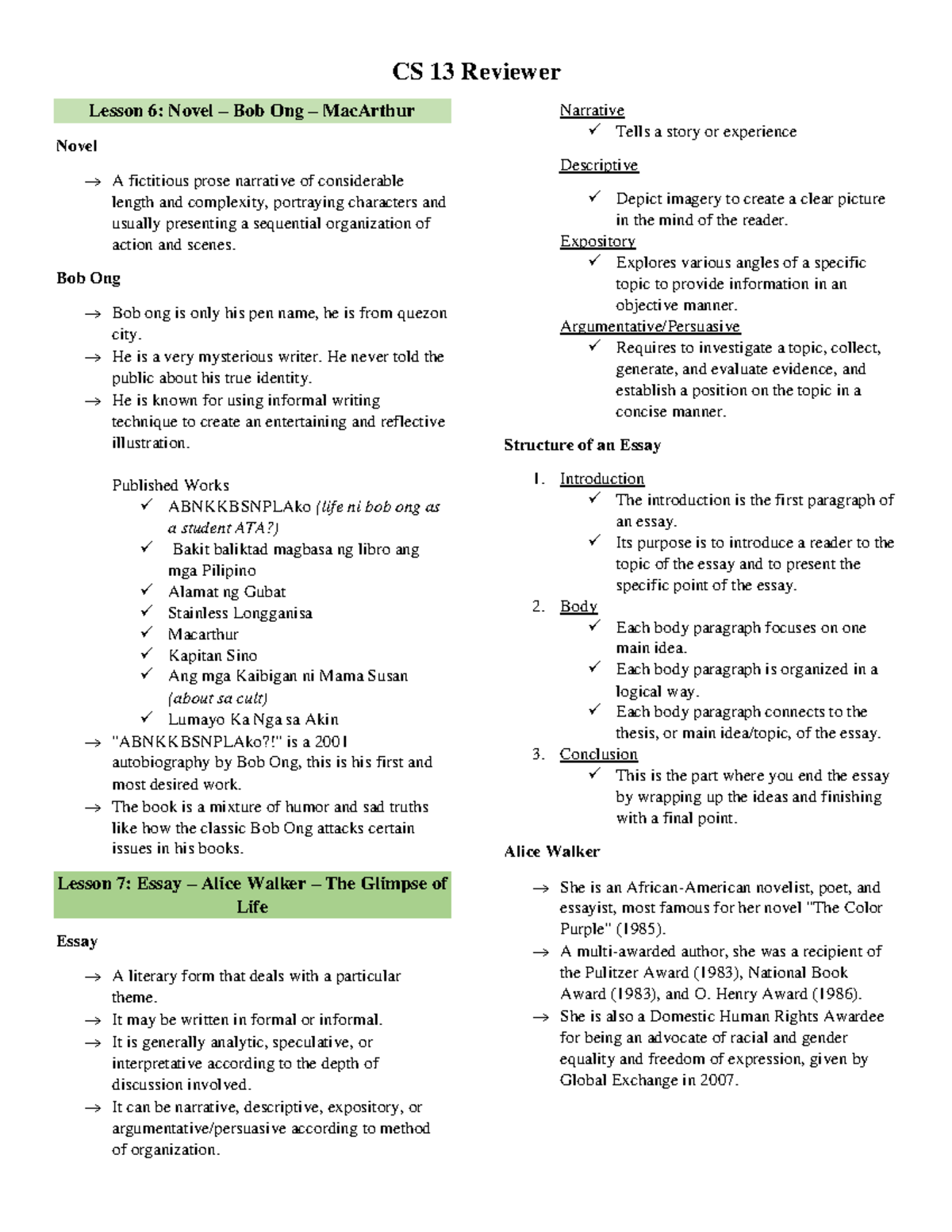 CS-13-Reviewer - CS 13 Reviewer Lesson 6: Novel – Bob Ong – MacArthur ...
