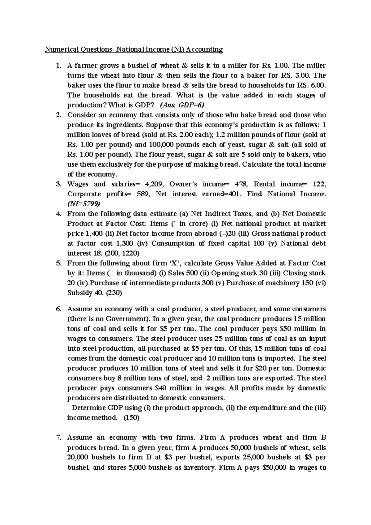 National Income Accounting - Numerical Questions- National Income (NI ...