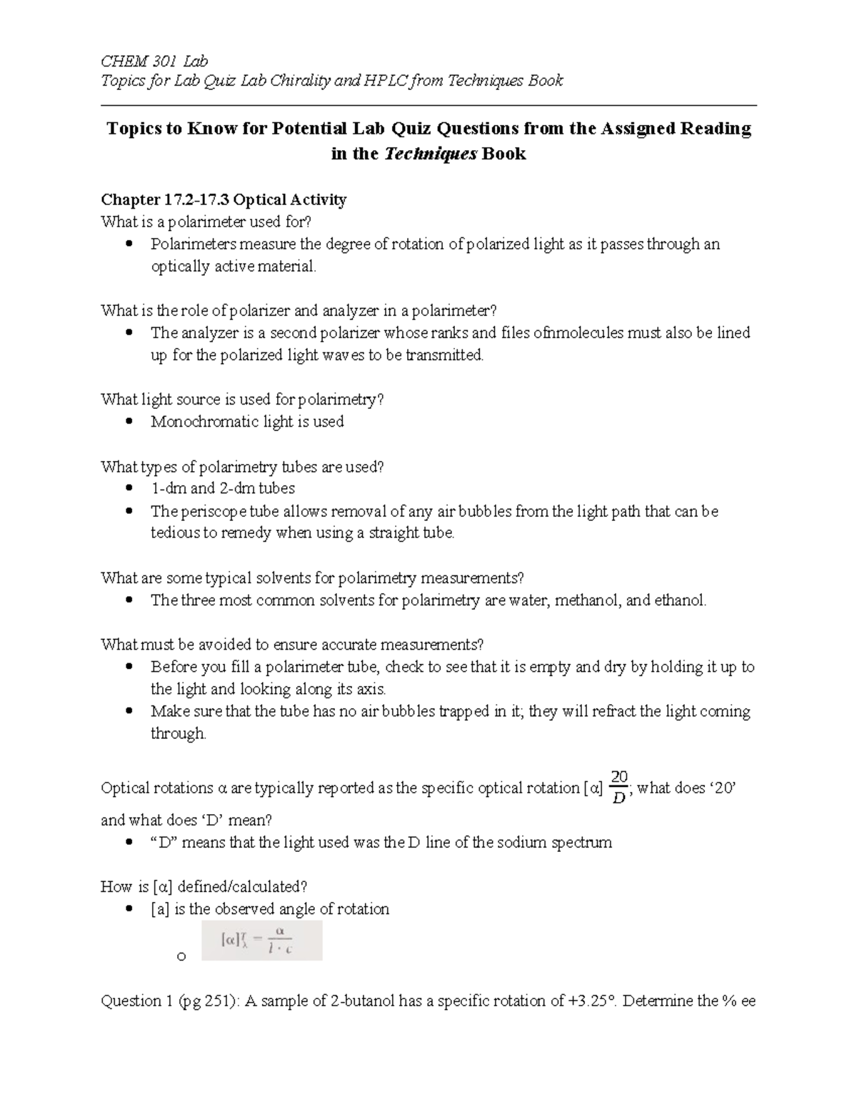 CHEM301 Lab Chirality and HPLC Guiding Questions Ch17 and Ch19 - CHEM ...