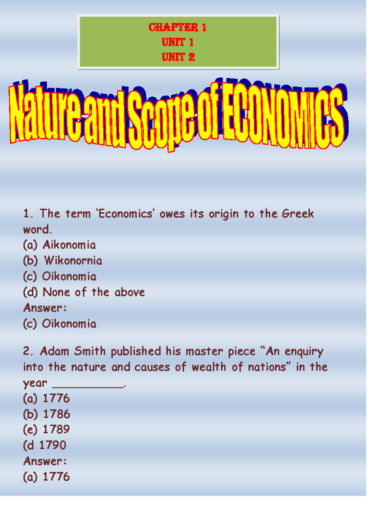 (CH-1) CA Foundation Economics mcq - Chapter 1 Unit 1 Unit 2 The term ...