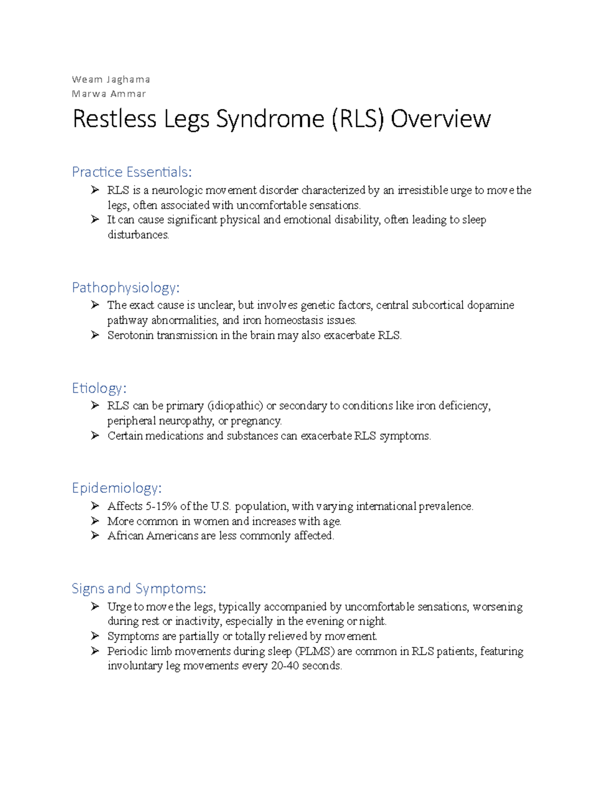 Restless Legs Syndrome - Weam Jaghama Marwa Ammar Restless Legs ...
