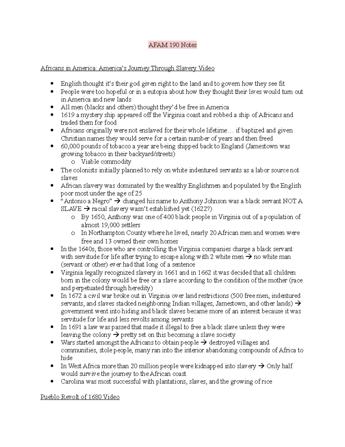 AFAM 190 Notes - AFAM 190 Notes Africans in America: America’s Journey ...