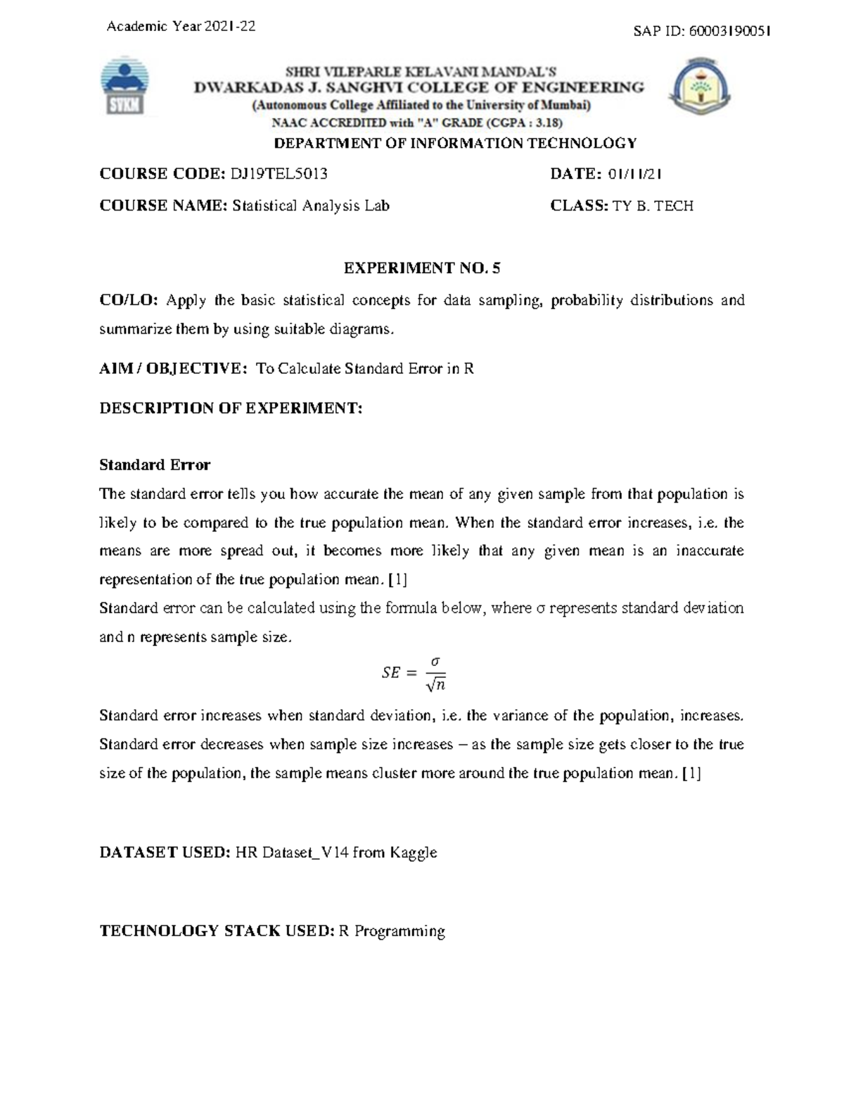 60003190051 Shivam VORA SA EXP 5 - Academic Year 2021-22 SAP ID: 60003190051 DEPARTMENT OF - Studocu