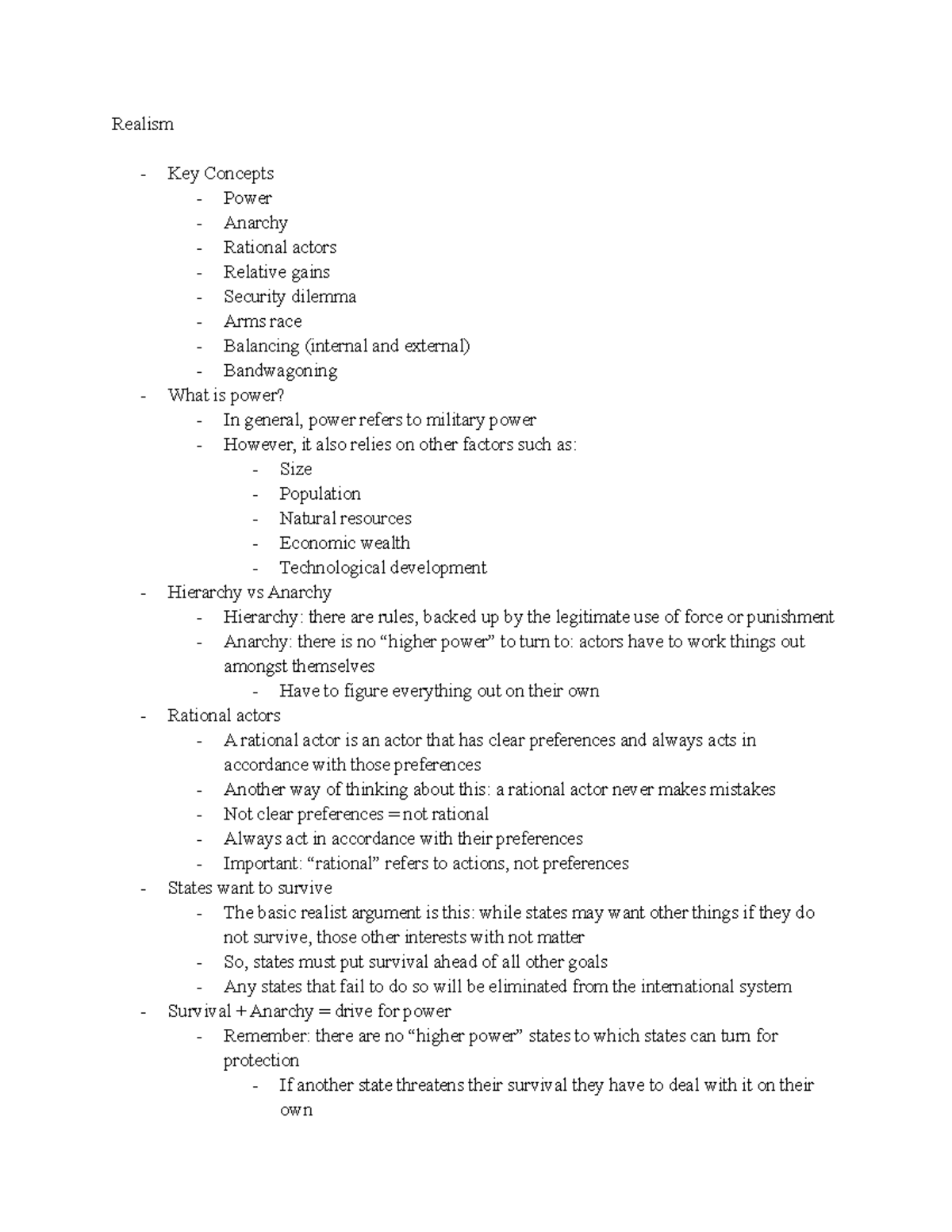 Realism - Realism Key Concepts Power Anarchy Rational actors Relative ...