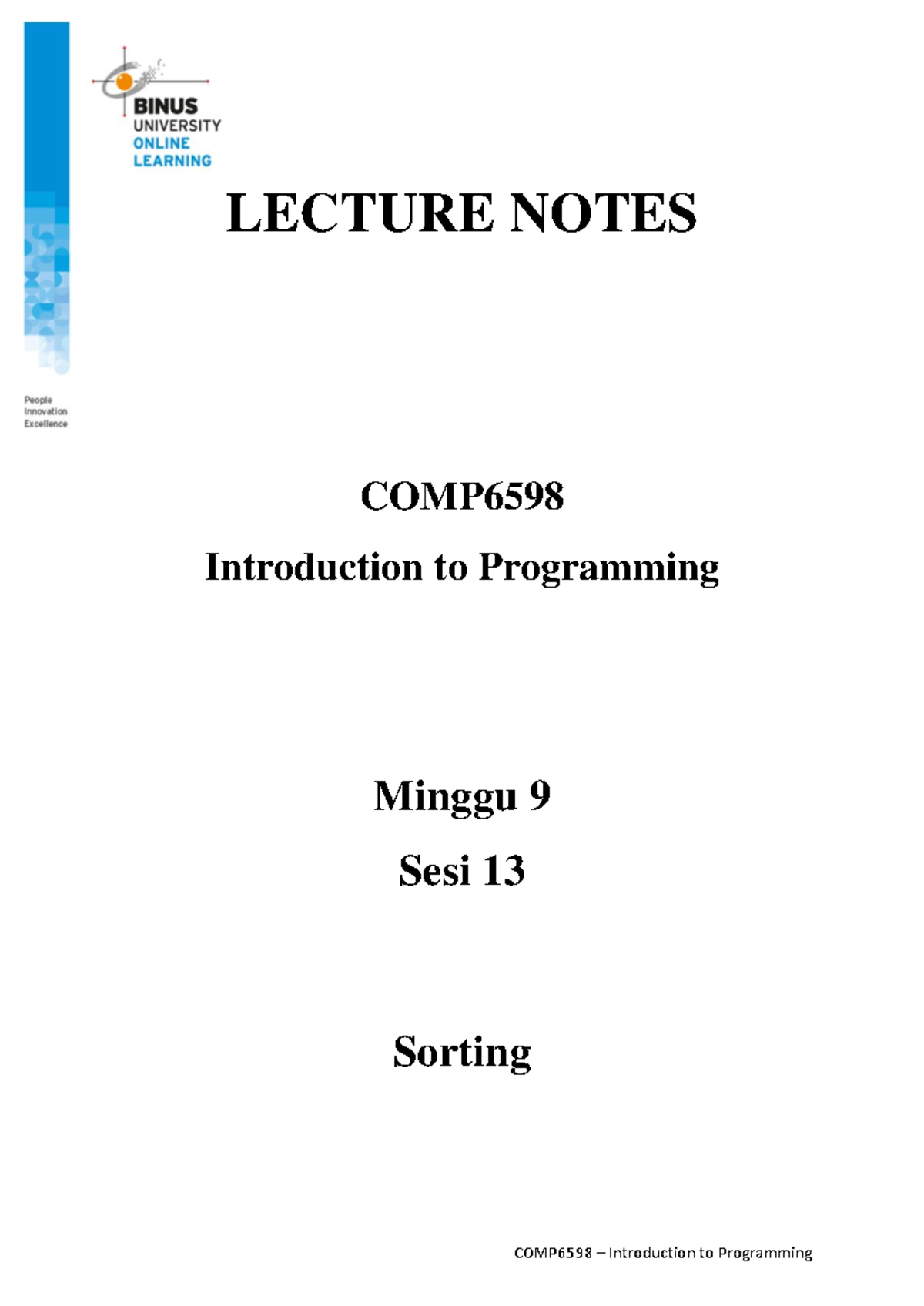 2018 0910140327 Comp6598 Week 9 Sorting Lecture Notes Comp6 598