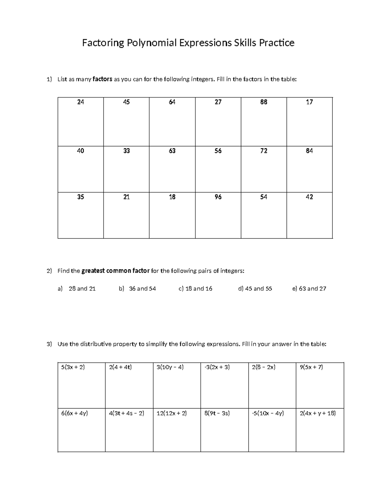 Factoring Polynomial Expressions Skills Practice - Fill in the factors ...