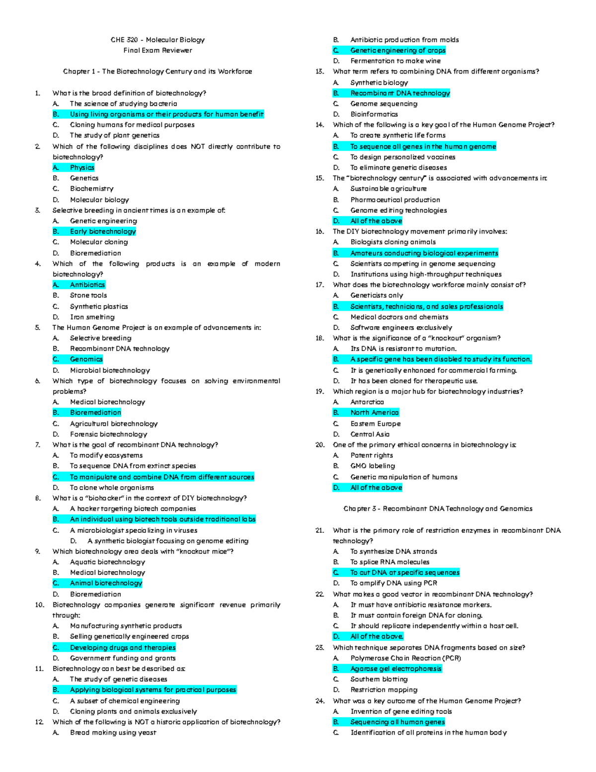 CHE 320 - Final Exam Reviewer - CHE 320 – Molecular Biology Final Exam ...
