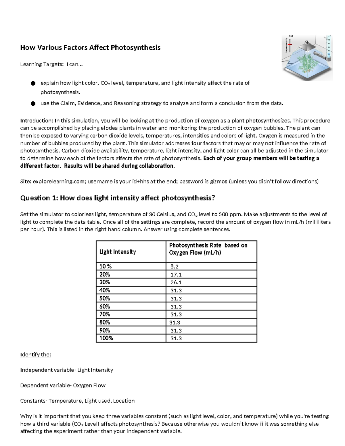 2020 Factors that Affect Photosynthesis Virtual Lab Gizmos - with ...