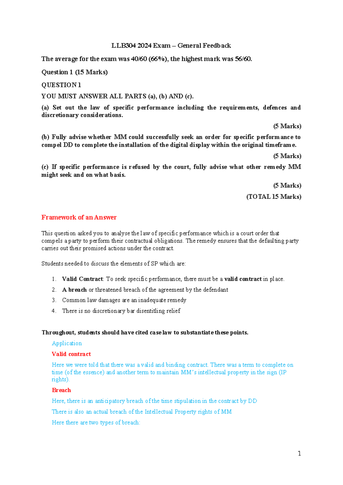 24LLB304 Main Exam - General Feedback - LLB304 2024 Exam – General Feedback The average for the ...
